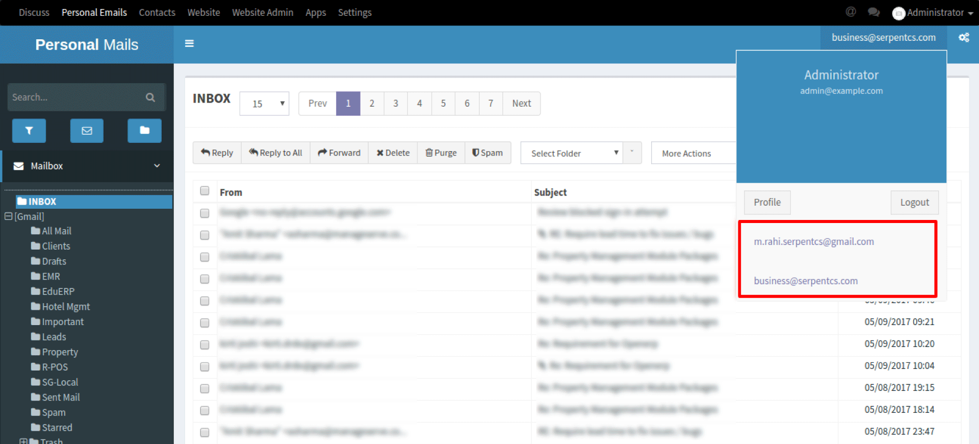 Customised Odoo Web email interface