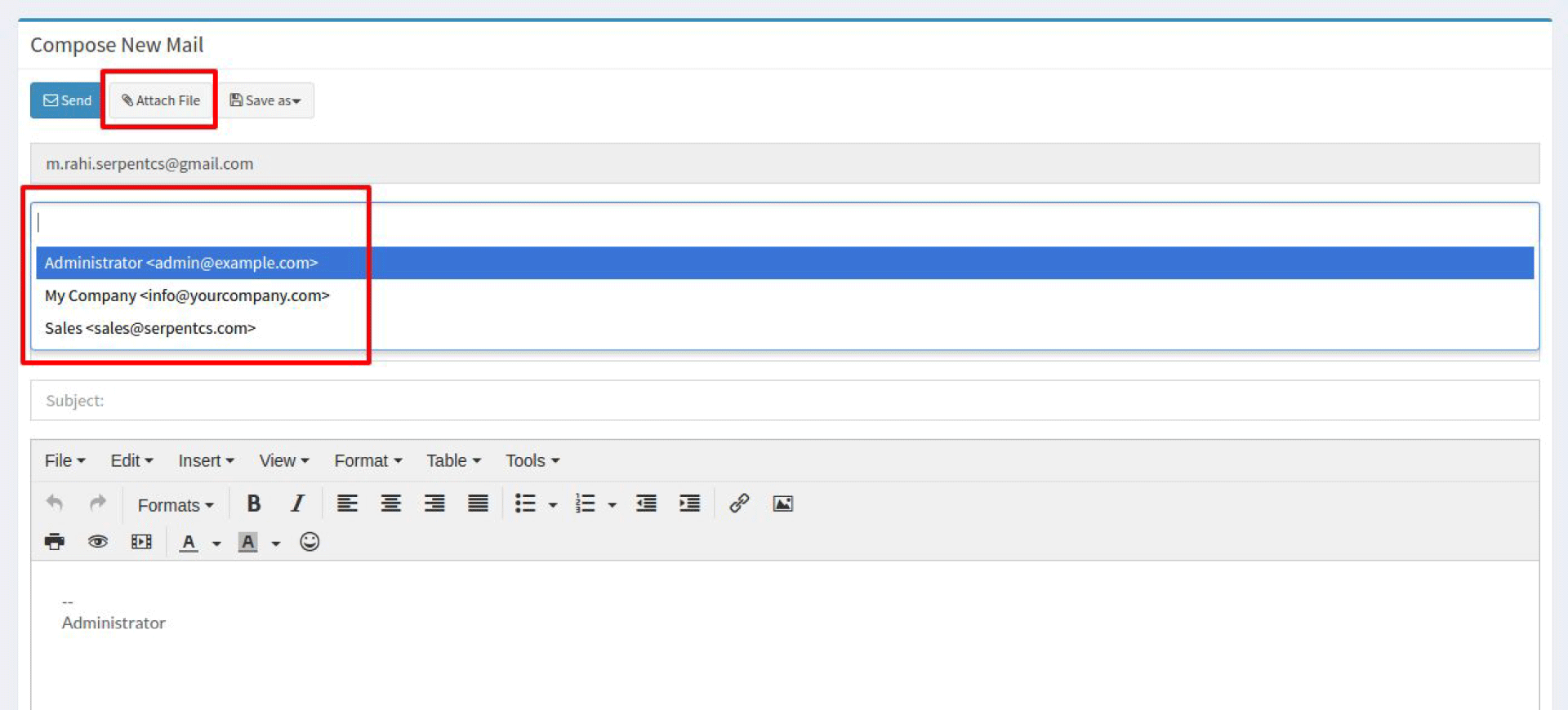 Customised Odoo Web email interface