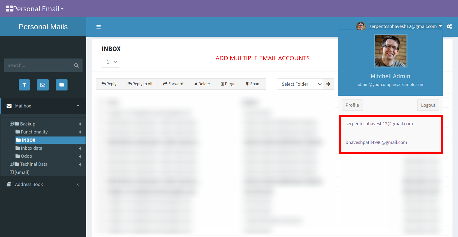 Customised Odoo Web email interface